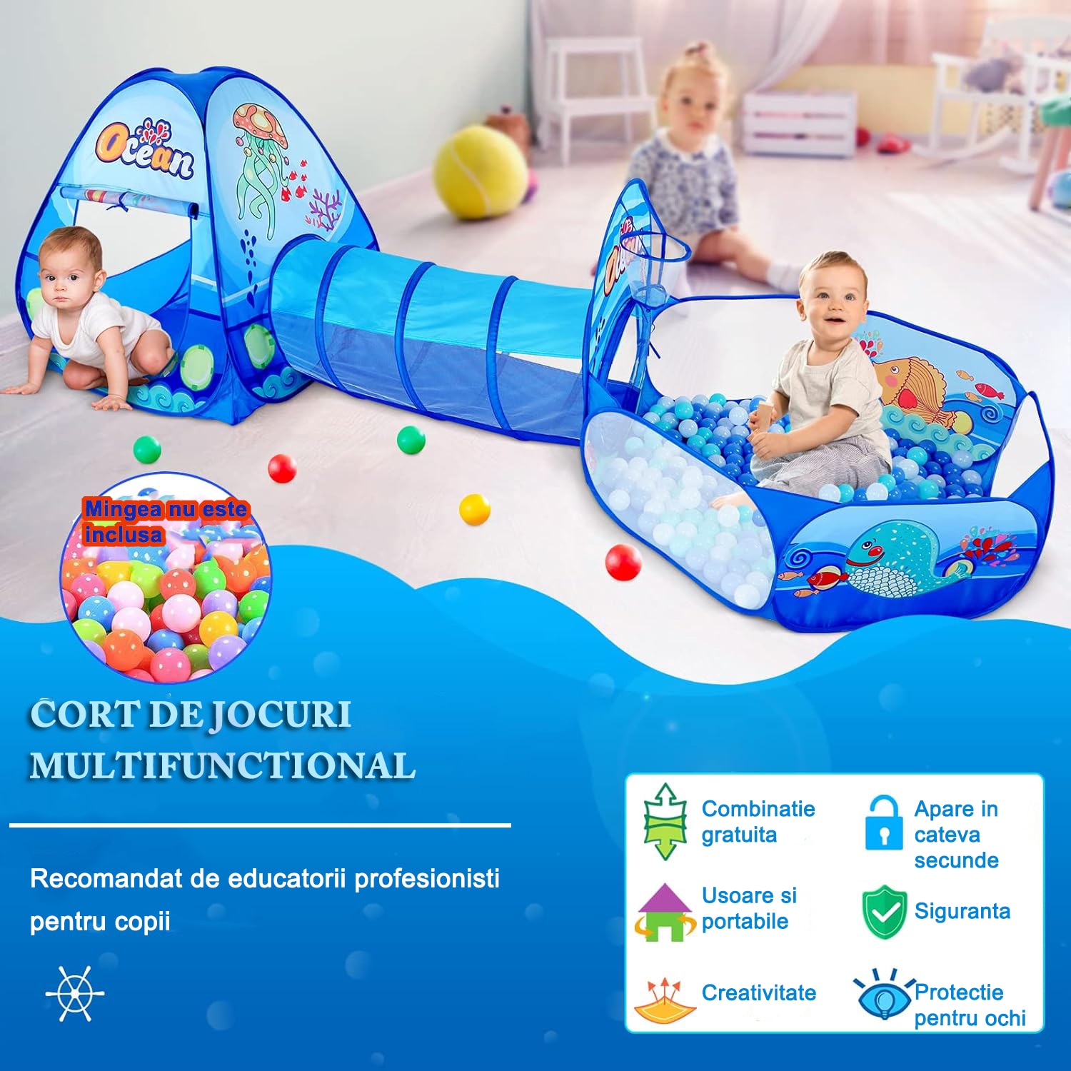 Cort de Joaca pentru Copii, BYONDSELF®, 3 in 1, cu 3 Jucarii de Baie ...