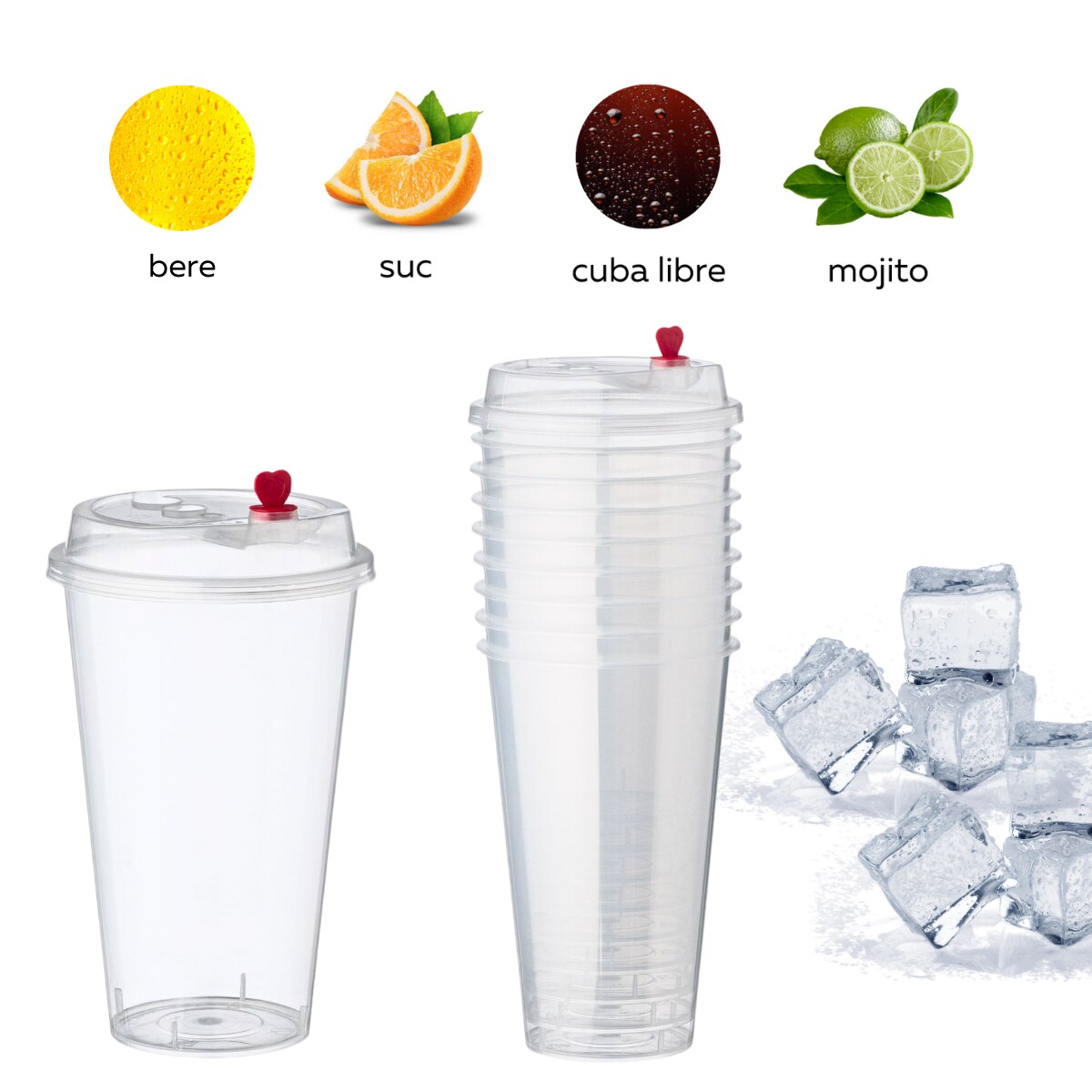 Set 10 pahare reutilizabile, plastic rezistent, cu capac ...