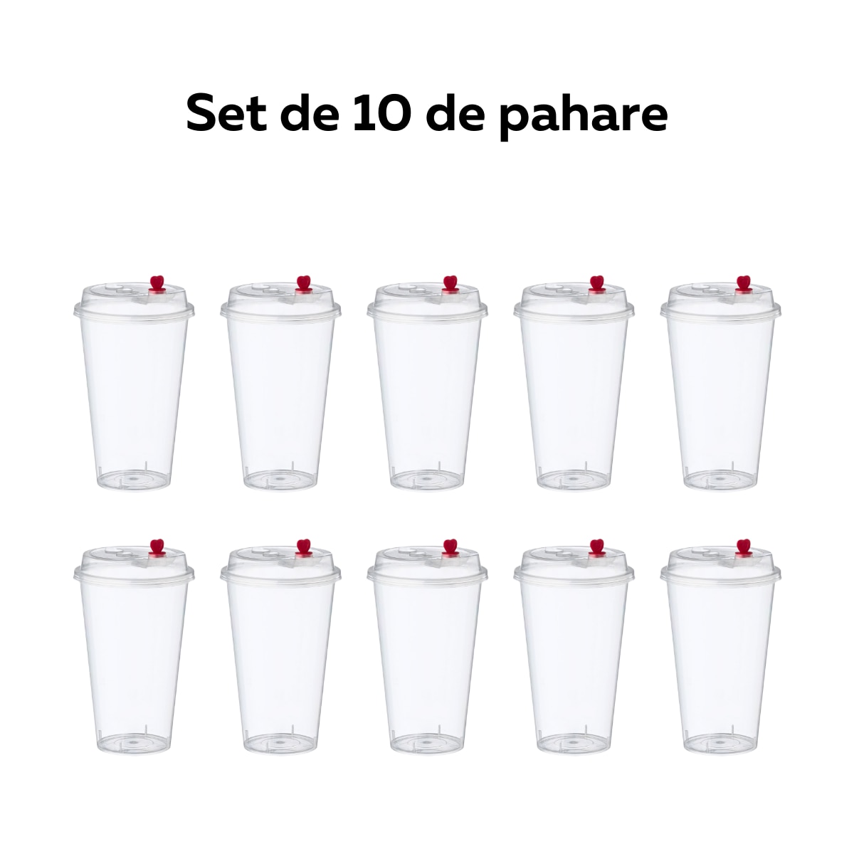 Set 10 pahare reutilizabile, plastic rezistent, cu capac ...
