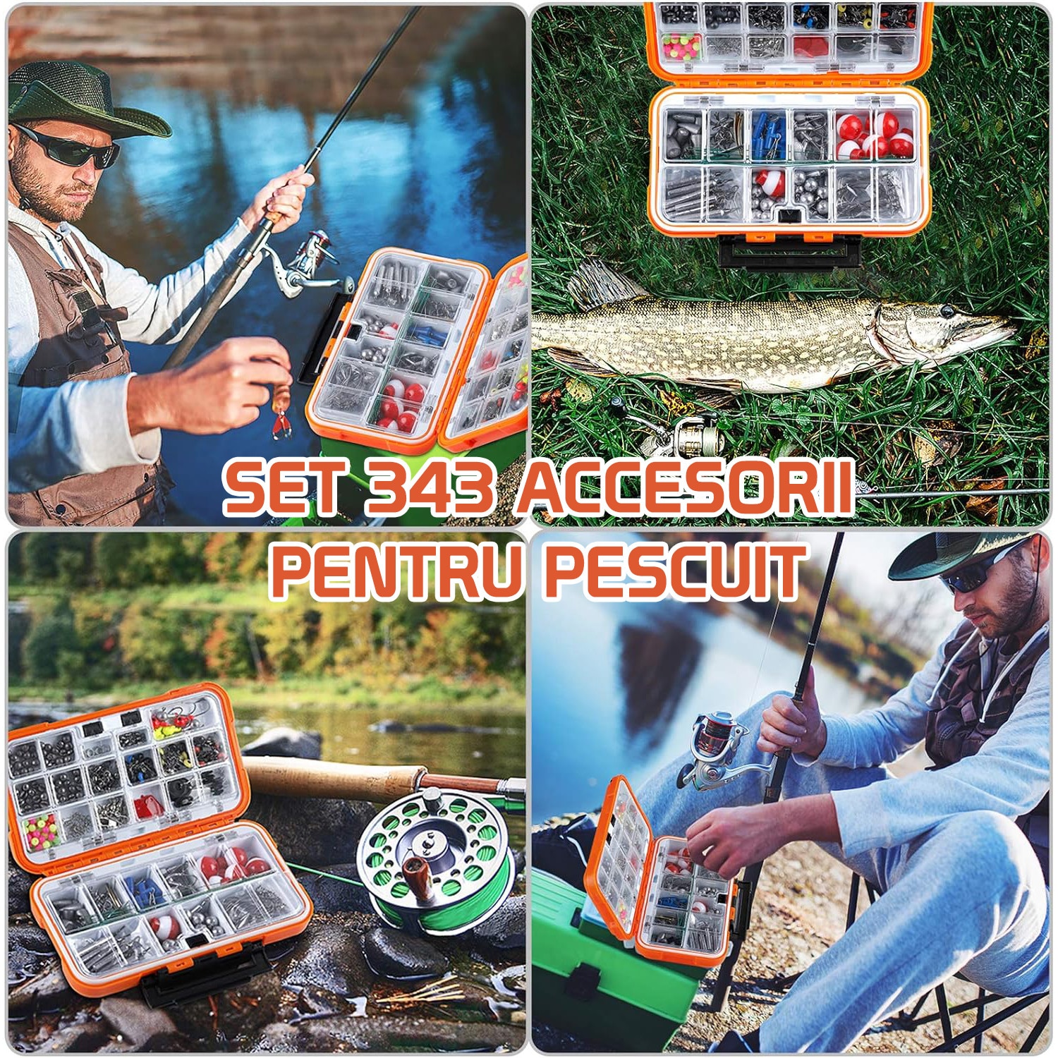 Set 343 accesorii pentru pescuit, kit complet de jiguri si carligi ...