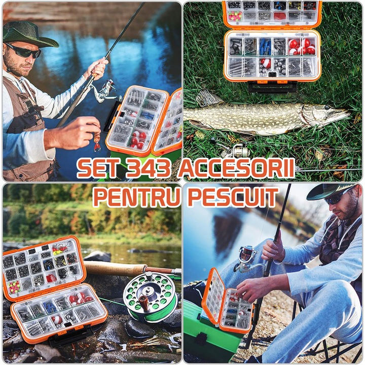 Set 343 accesorii pentru pescuit, kit complet de jiguri si carligi ...