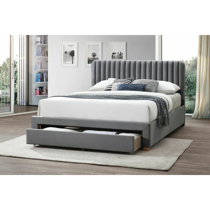 Pat tapitat cu sertare, Grama, Catifea, Gri, 160x200 cm - eMAG.ro