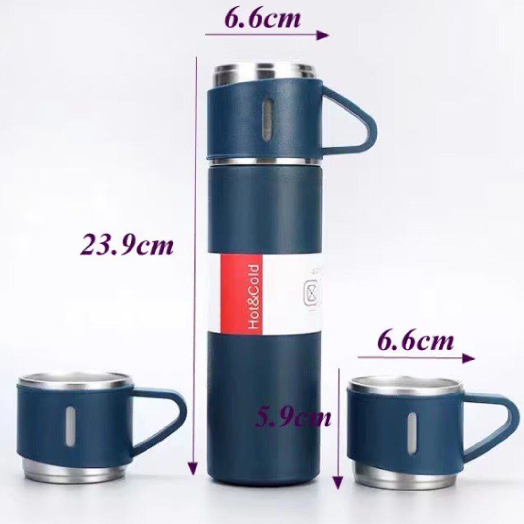 Set termos 500ml cu 3 cani x 150ml, inox, pereti dubli, pentru bauturi ...