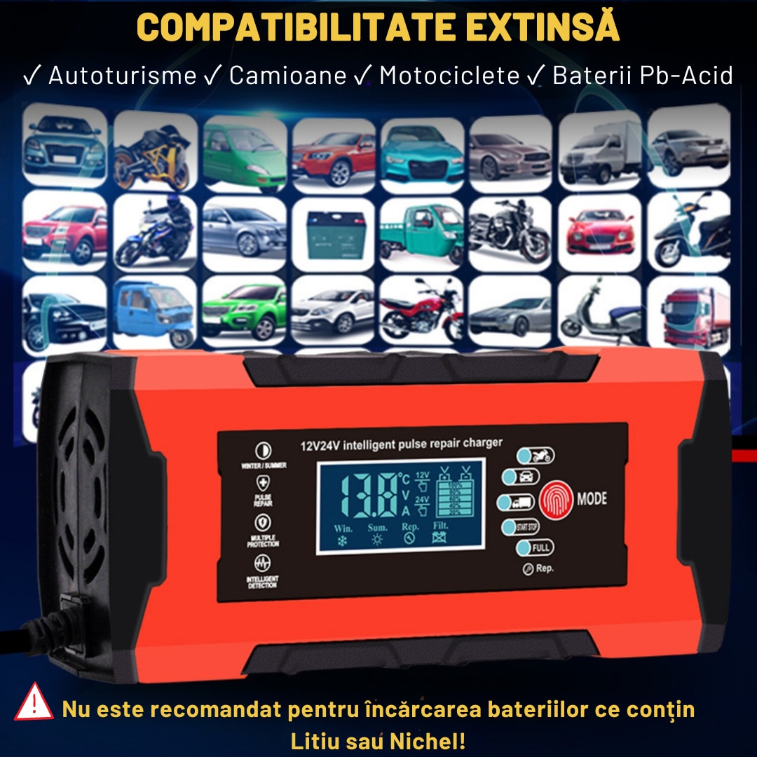 Redresor auto inteligent 12V-24V, Functie reparare, Functie Desulfatare ...