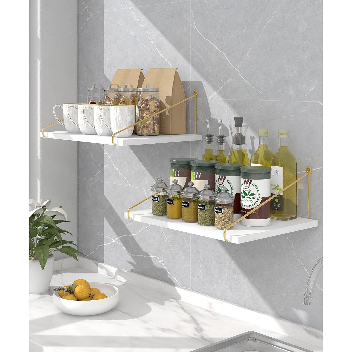 Set 2 Polite Suspendate, din Lemn, cu Console Metalice Aurii, Montare ...