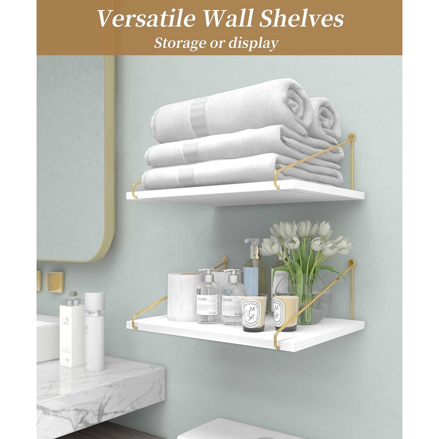 Set 2 Polite Suspendate, din Lemn, cu Console Metalice Aurii, Montare ...