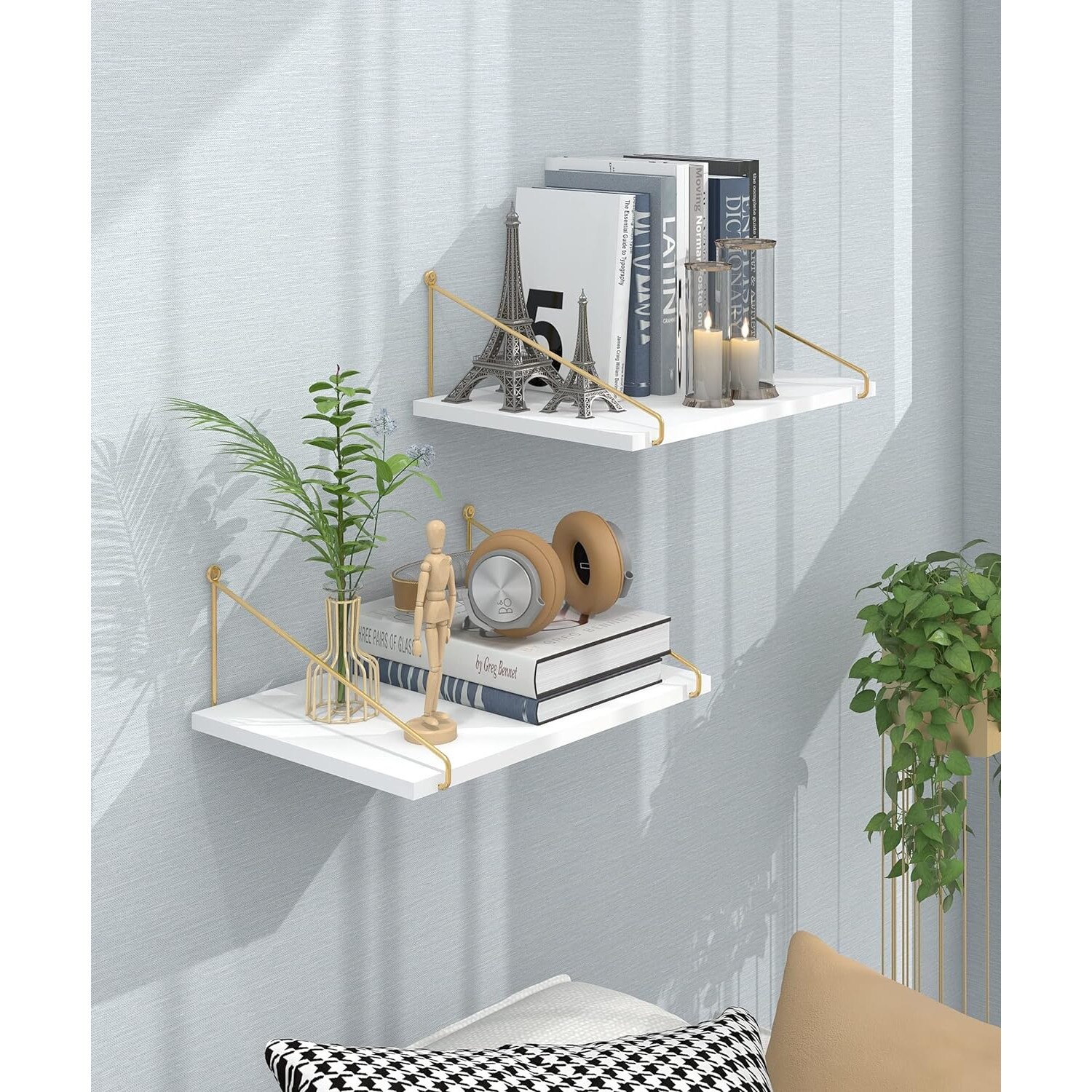 Set 2 Polite Suspendate, din Lemn, cu Console Metalice Aurii, Montare ...