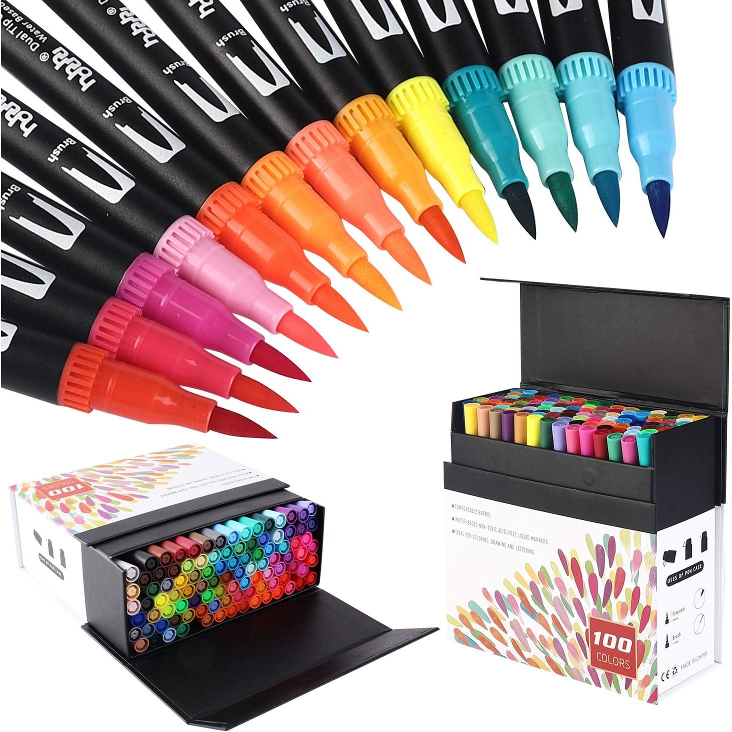 Set 100 Carioci Colorate, cu 2 Capete, Varfuri fine, 0.4mm, 1.2mm, Non ...