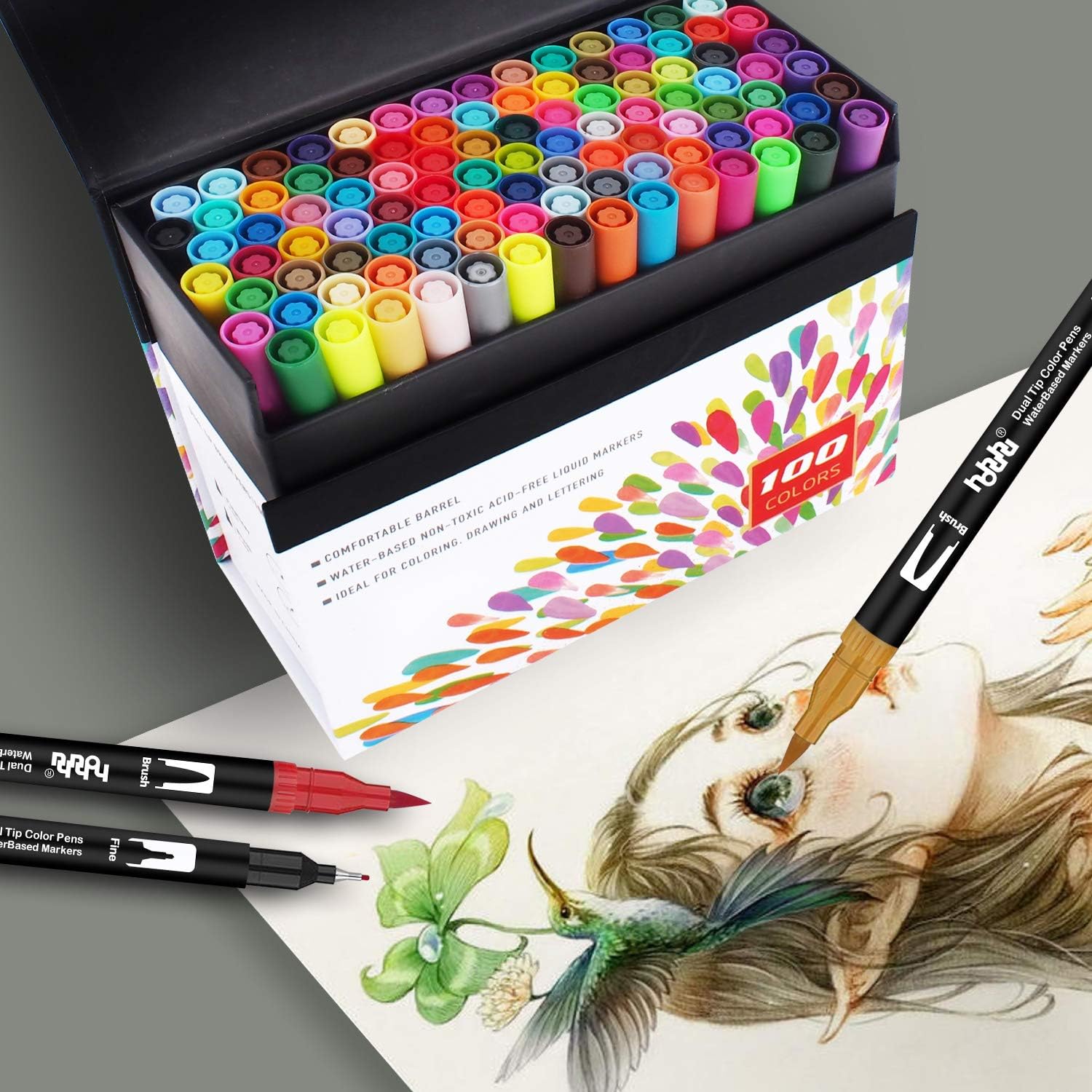 Set 100 Carioci Colorate, cu 2 Capete, Varfuri fine, 0.4mm, 1.2mm, Non ...