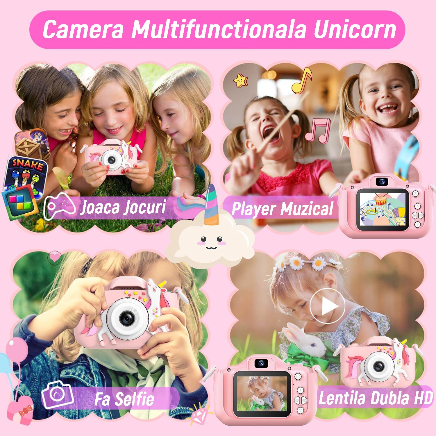 Camera foto digitala pentru copii, 28 rame foto, 6 filtre, 3 jocuri ...