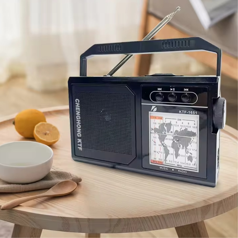 Radio cu panou solar KTF1651, FM/AM/SW, BT/USB/TF, lanterna, 5V, negru ...