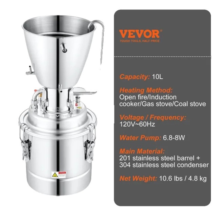 Distilator alcool Vevor, Inox 304, 10L, Pentru Whisky/Coniac/Vin/Uleiuri esentiale - eMAG.ro