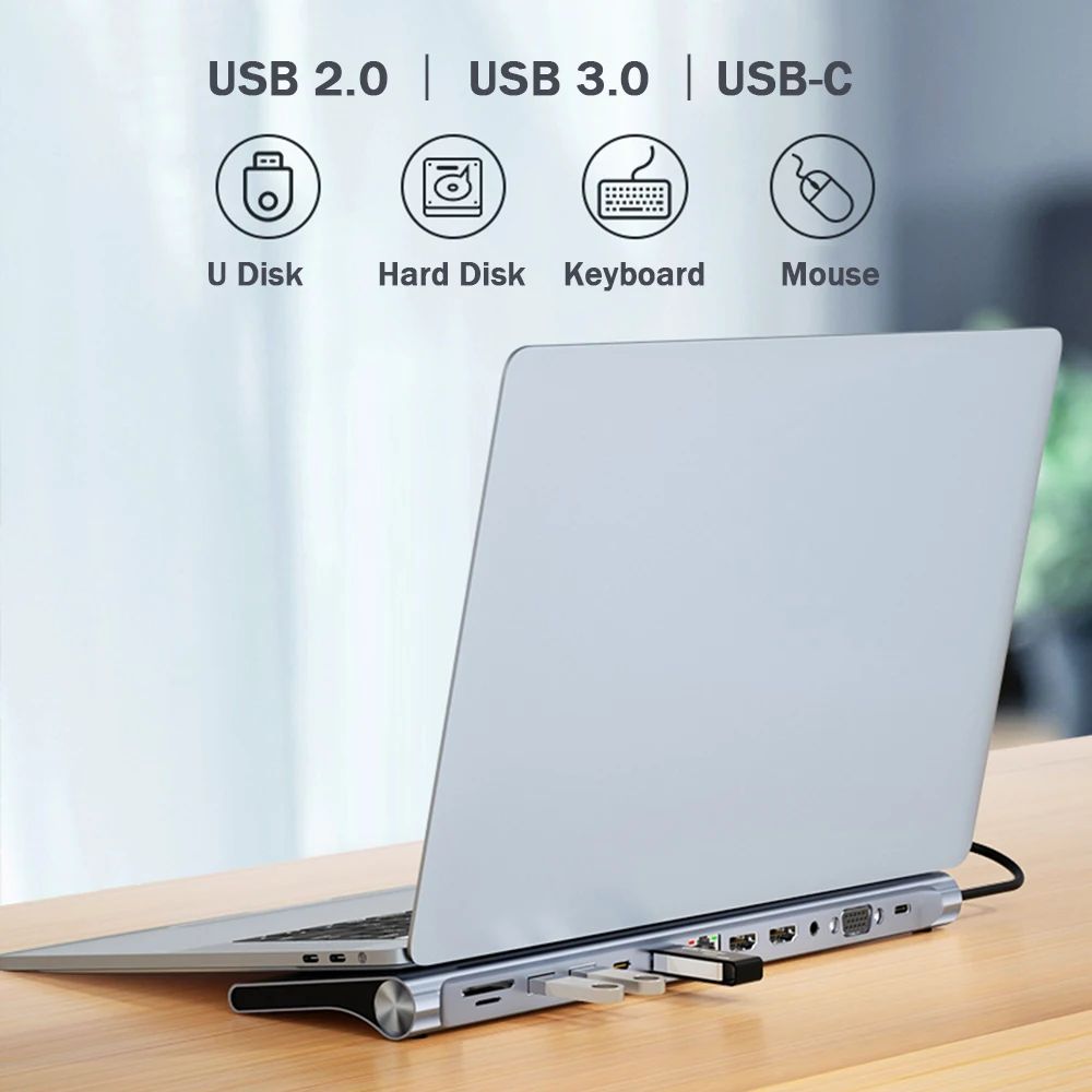 12 в 1 мултипортов хъб адаптер, MOSMAOO®, USB-C 3.1, TF SD четец на ...