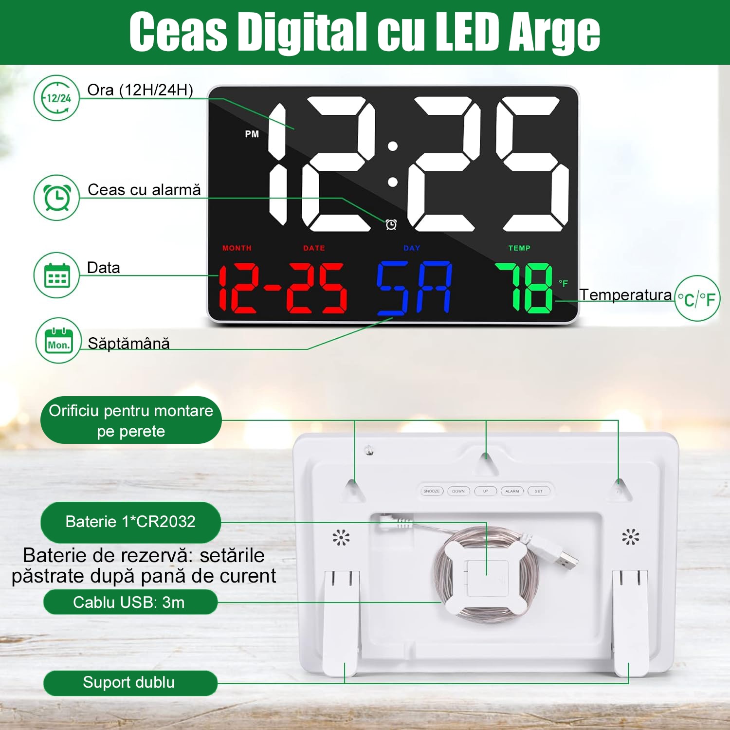 Ceas Digital de Perete cu Led, BYONDSELF®, Ecran Mare 11.5 Inchi ...