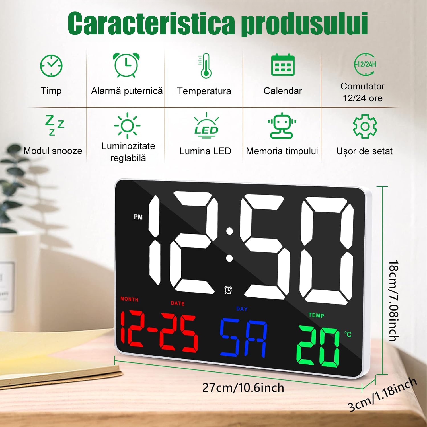 Ceas Digital de Perete cu Led, BYONDSELF®, Ecran Mare 11.5 Inchi ...