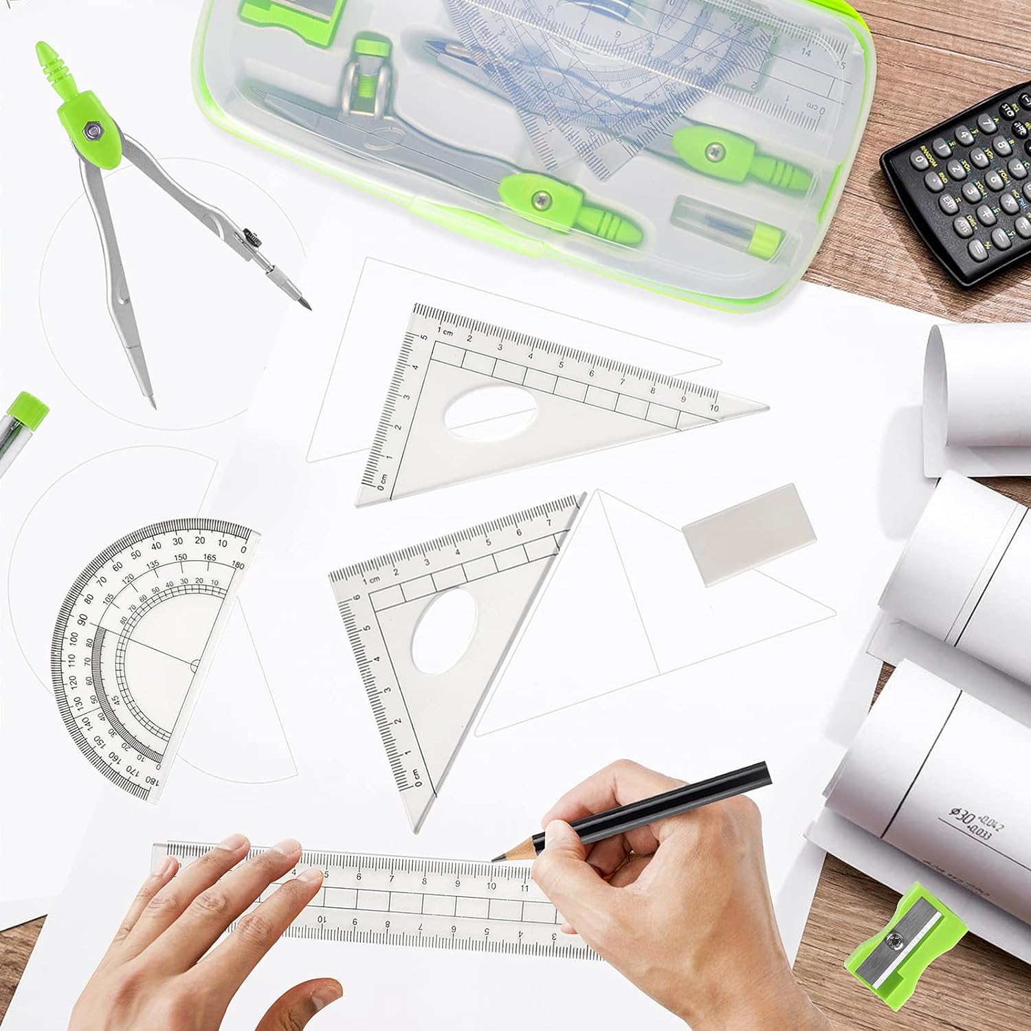 Set 10 Compas reglabil cu creion mecanic si accesorii, JENUOS®, Plastic ...