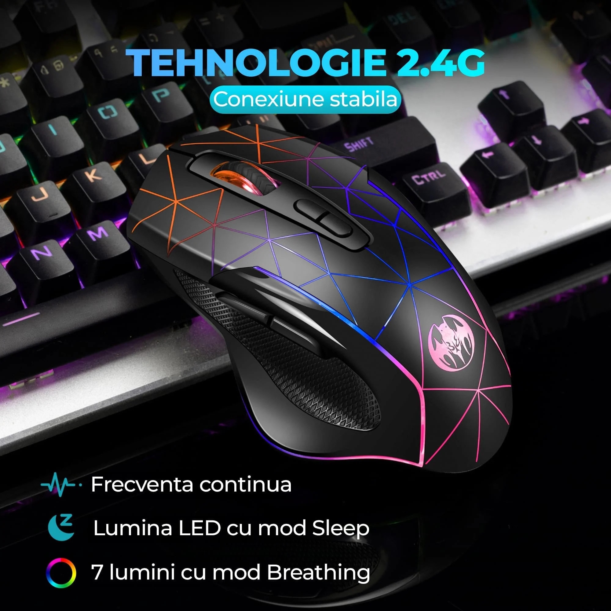 Mouse Gaming Wireless cu Jiggler Timebox, 7 Butoane, RGB LED, 1600 DPI ...