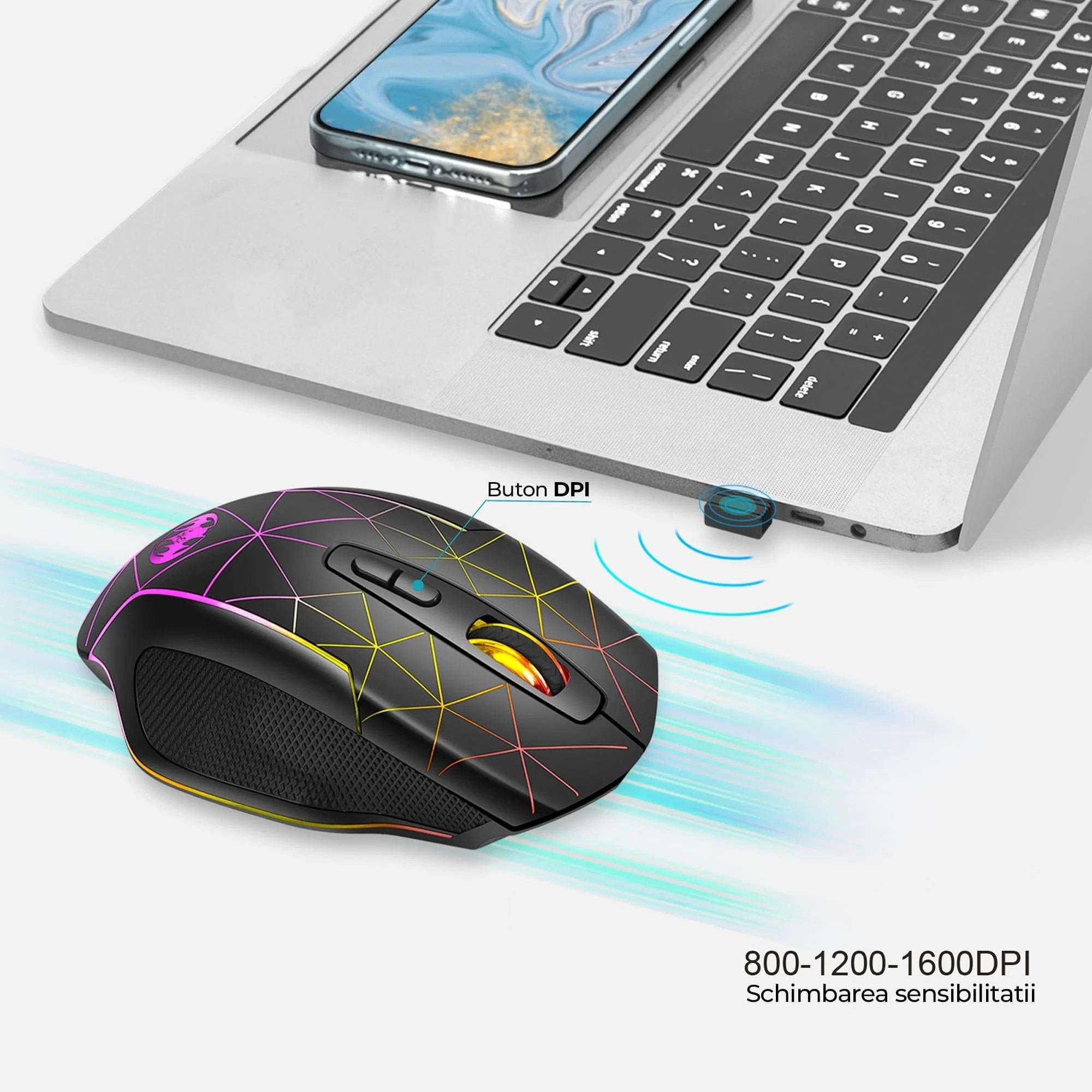 Mouse Gaming Wireless cu Jiggler Timebox, 7 Butoane, RGB LED, 1600 DPI ...