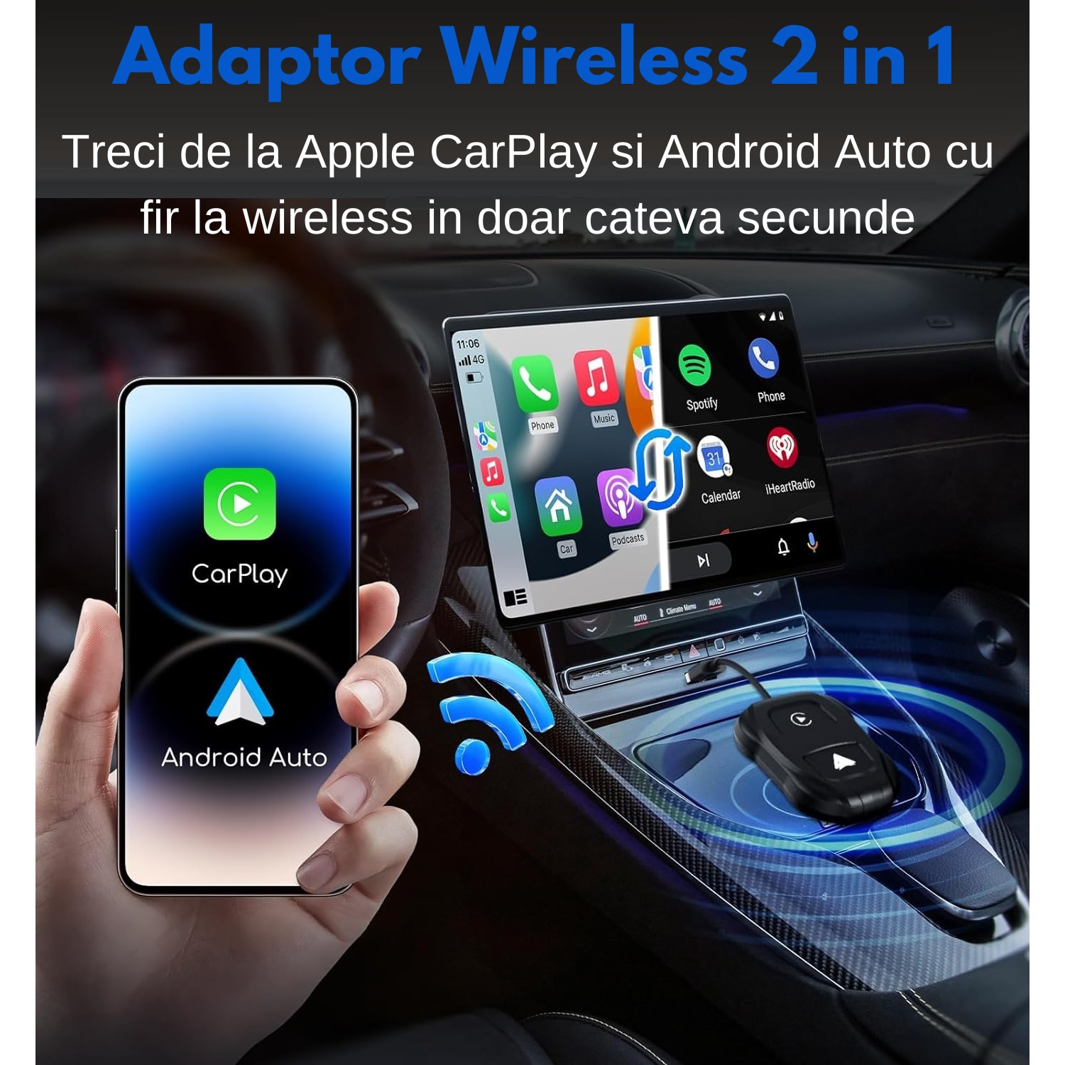 Adaptor auto Wireless 2 in 1 Luxena®, Fara fir, Compatibil cu Apple ...