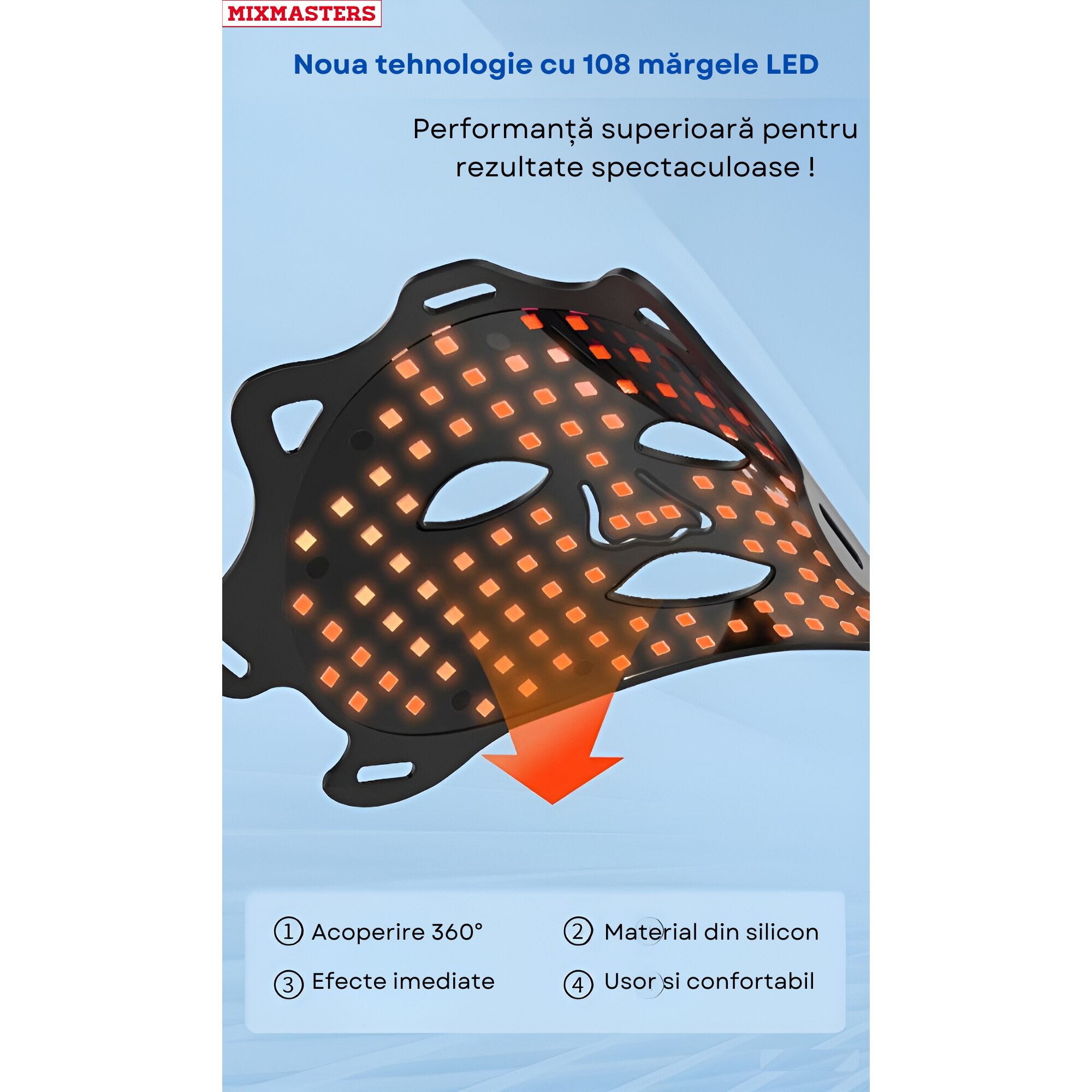 Masca faciala din silicon usor si moale cu led, terapie cu lumina rosie ...