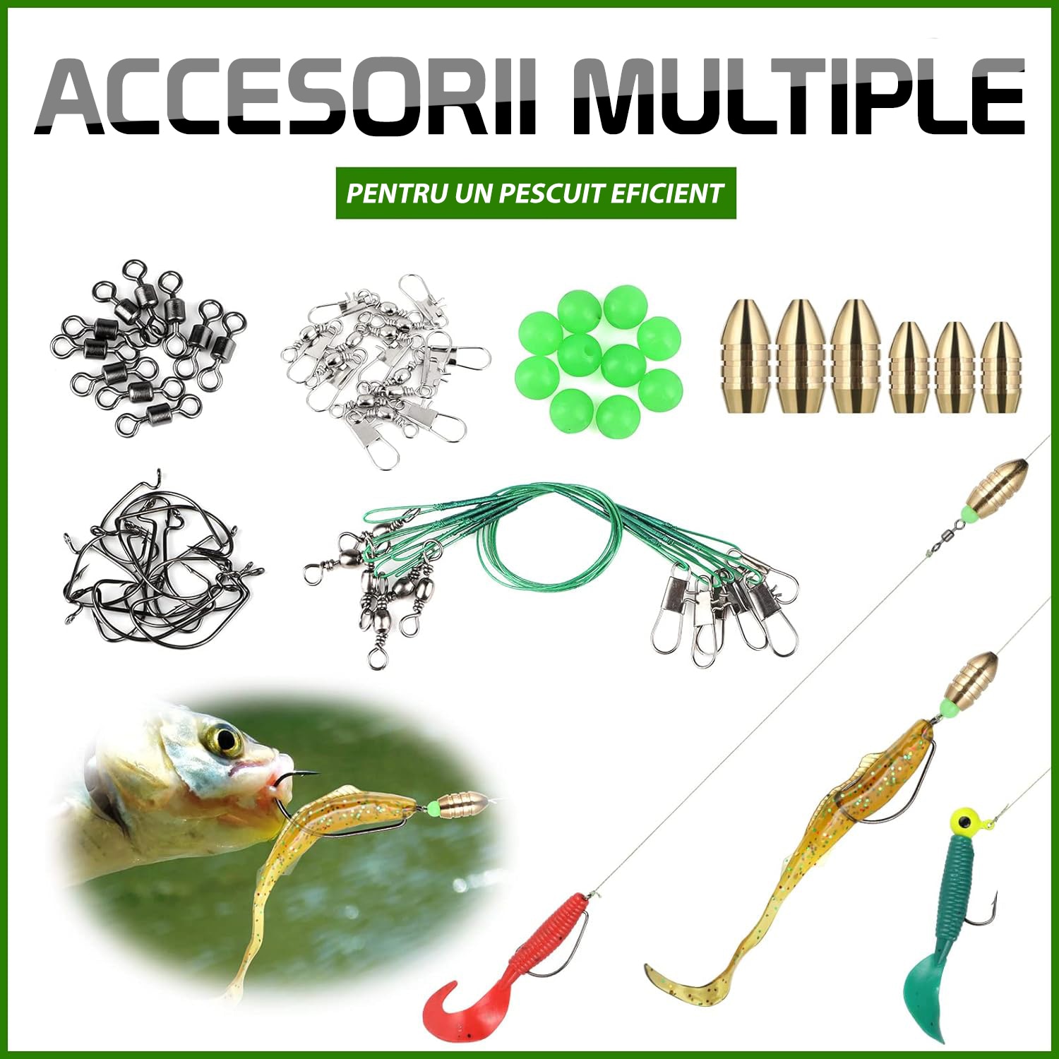 Set 102 momeli artificiale si accesorii pentru pescuit, kit complet de ...