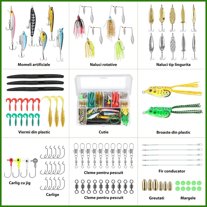 Set 102 momeli artificiale si accesorii pentru pescuit, kit complet de ...