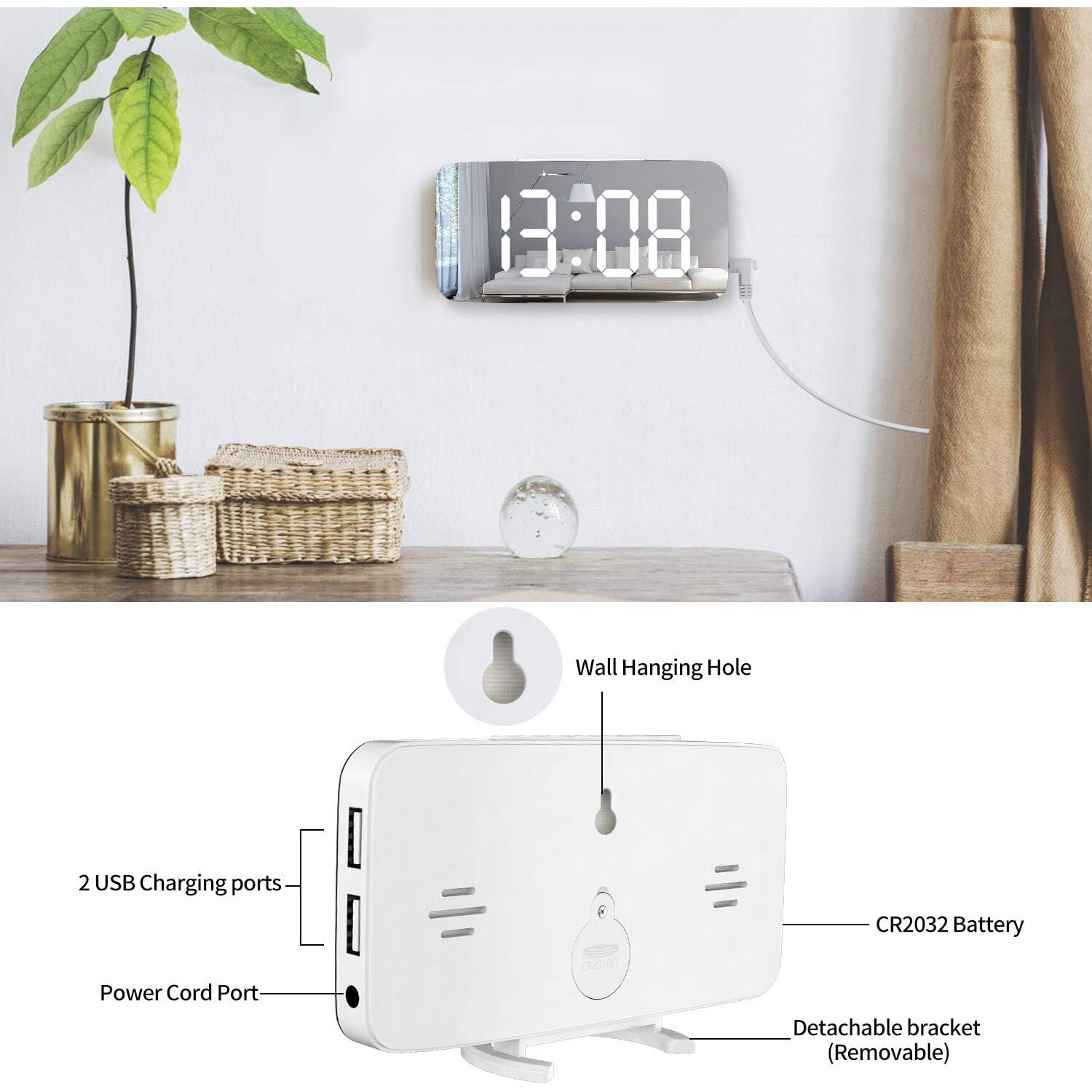 Цифров будилник Clock голям огледален Led дисплей с Usb зарядно