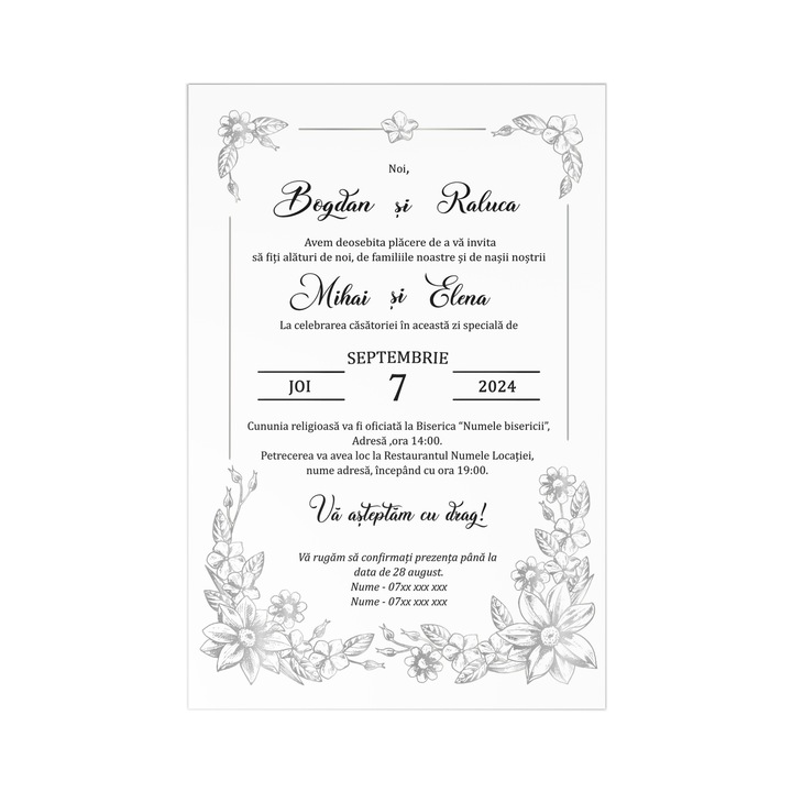 Invitatie nunta eleganta model floral alb negru, 15x11cm - eMAG.ro
