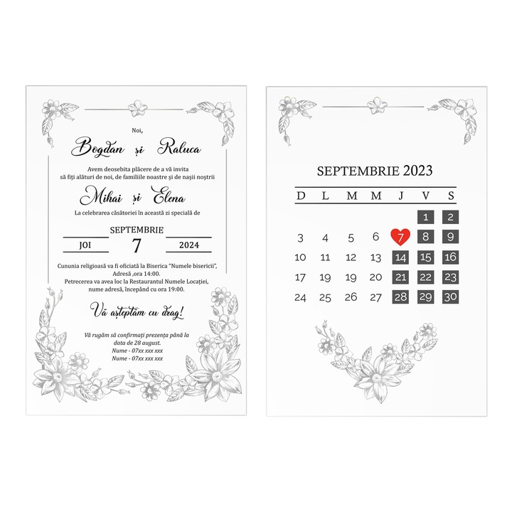 Invitatie nunta eleganta model floral alb negru, 15x11cm - eMAG.ro