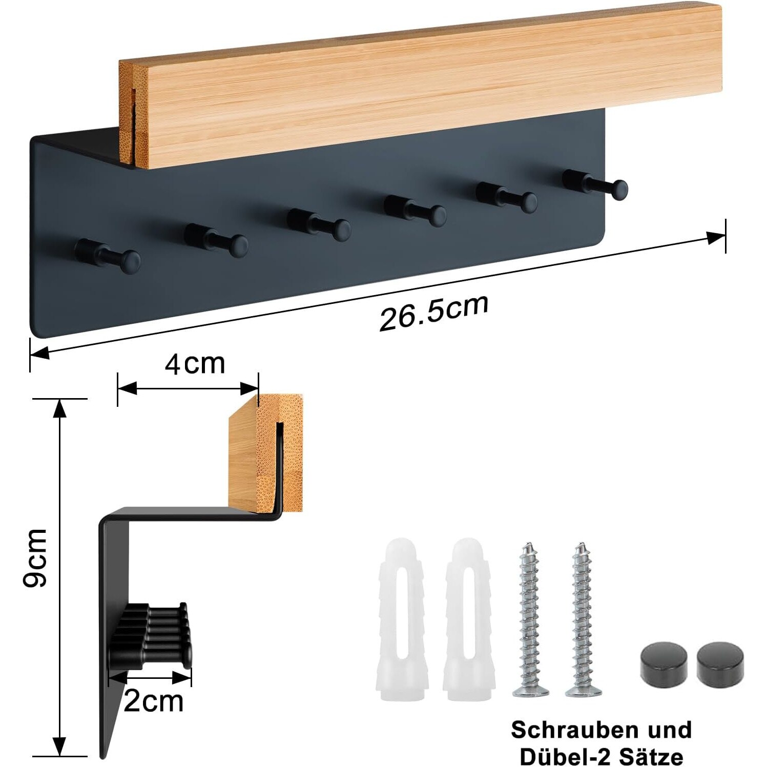 Cuier cu 6 agatatori pentru chei, cu suport din lemn, 26.5 cm, metal ...