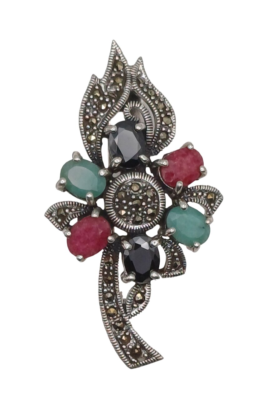 Brosa din argint 925 TSR, cu pietre naturale, rubin, safir, smarald si ...