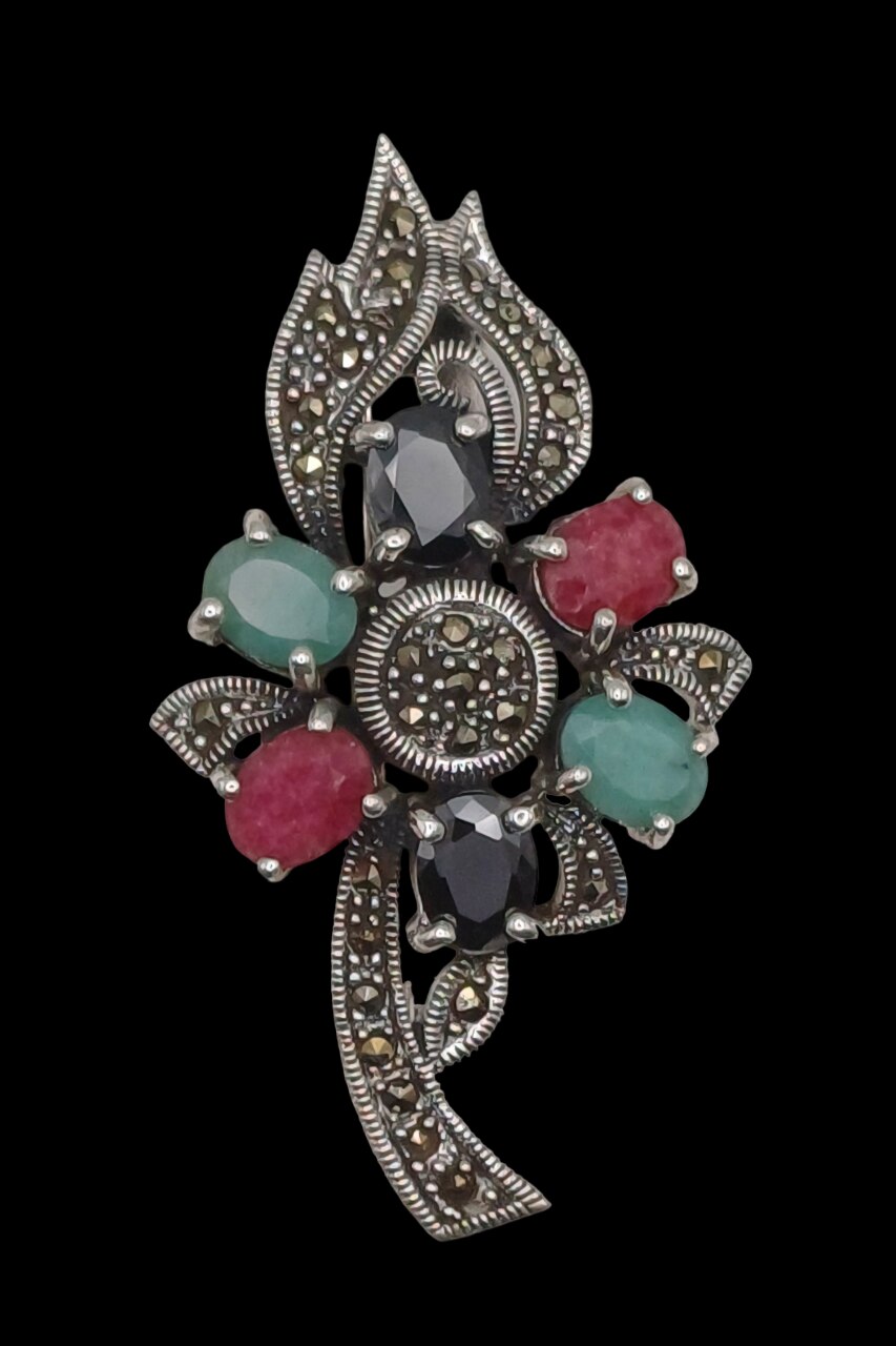 Brosa din argint 925 TSR, cu pietre naturale, rubin, safir, smarald si ...