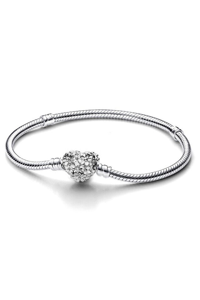 Bratara placata cu argint tip Pandora, incuietoare inimioara cu flori ...