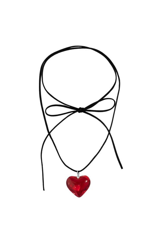 Colier lung din snur cerat, cu medalion inimioara mare si bombata Rosu ...