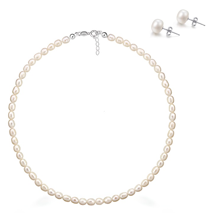 Set cercei argint 925 cu perle de cultura si colier argint 925 cu perle ...