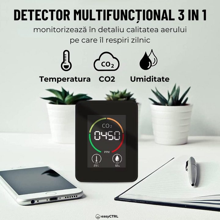 Monitor Masurare Calitate Aer 3 in 1, Detector CO2 Dioxid de Carbon ...