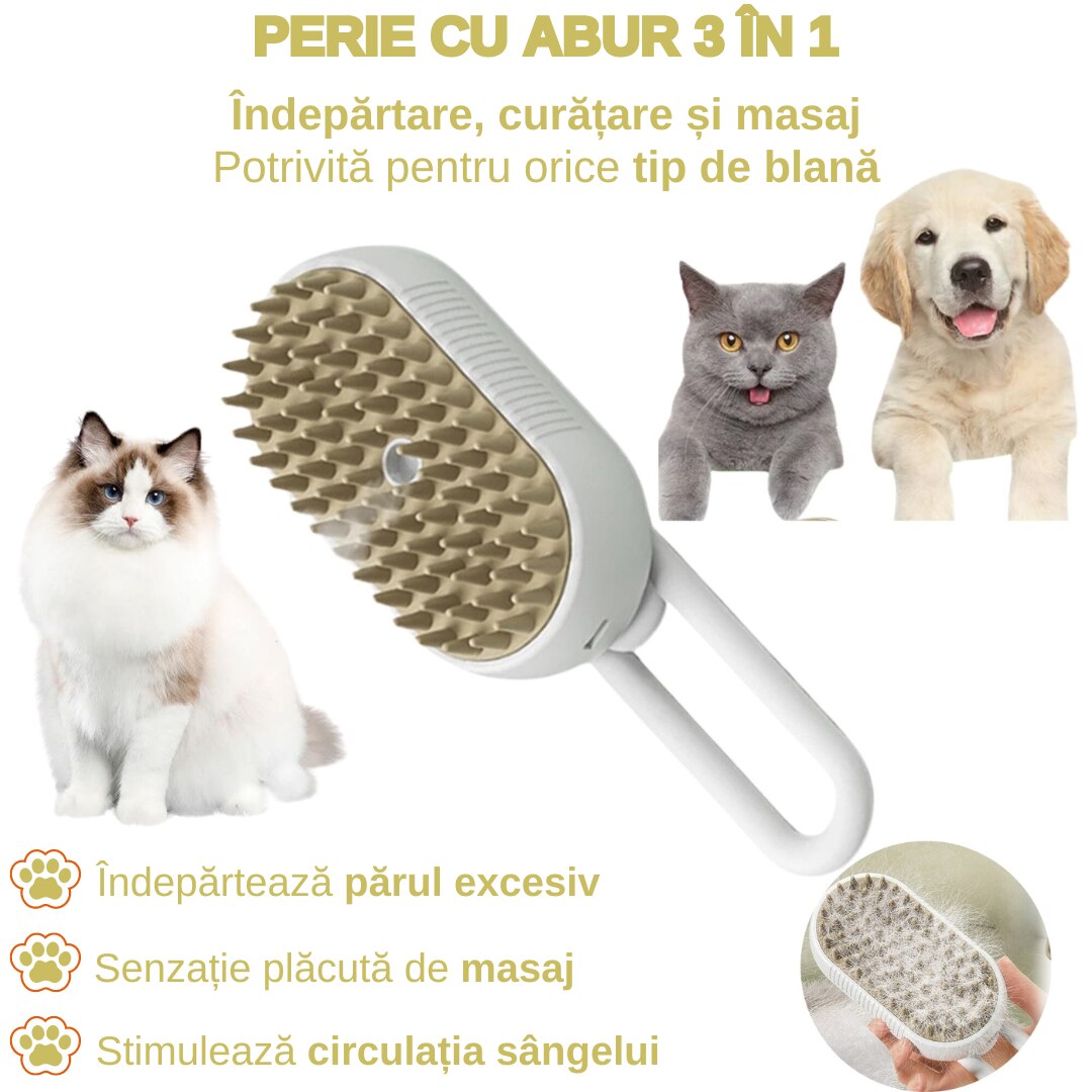 Perie cu abur 3 in 1, Pentru Caini si Pisici, Peri din Silicon Moi ...