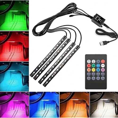 Kit iluminare ambientala auto cu benzi LED RGB, 4 benzi, 48 leduri ...