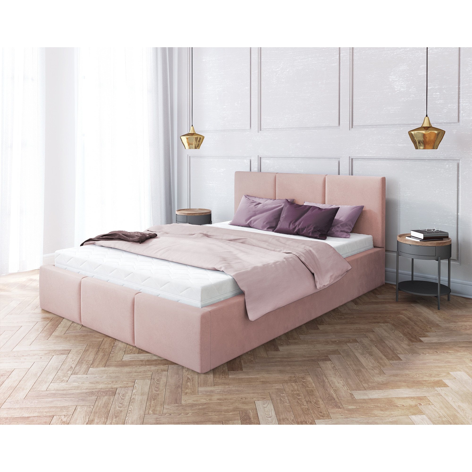 Pat tapitat cu somiera rabatabila, Spijzdrowo, AMBER, 140x200 cm, roz ...