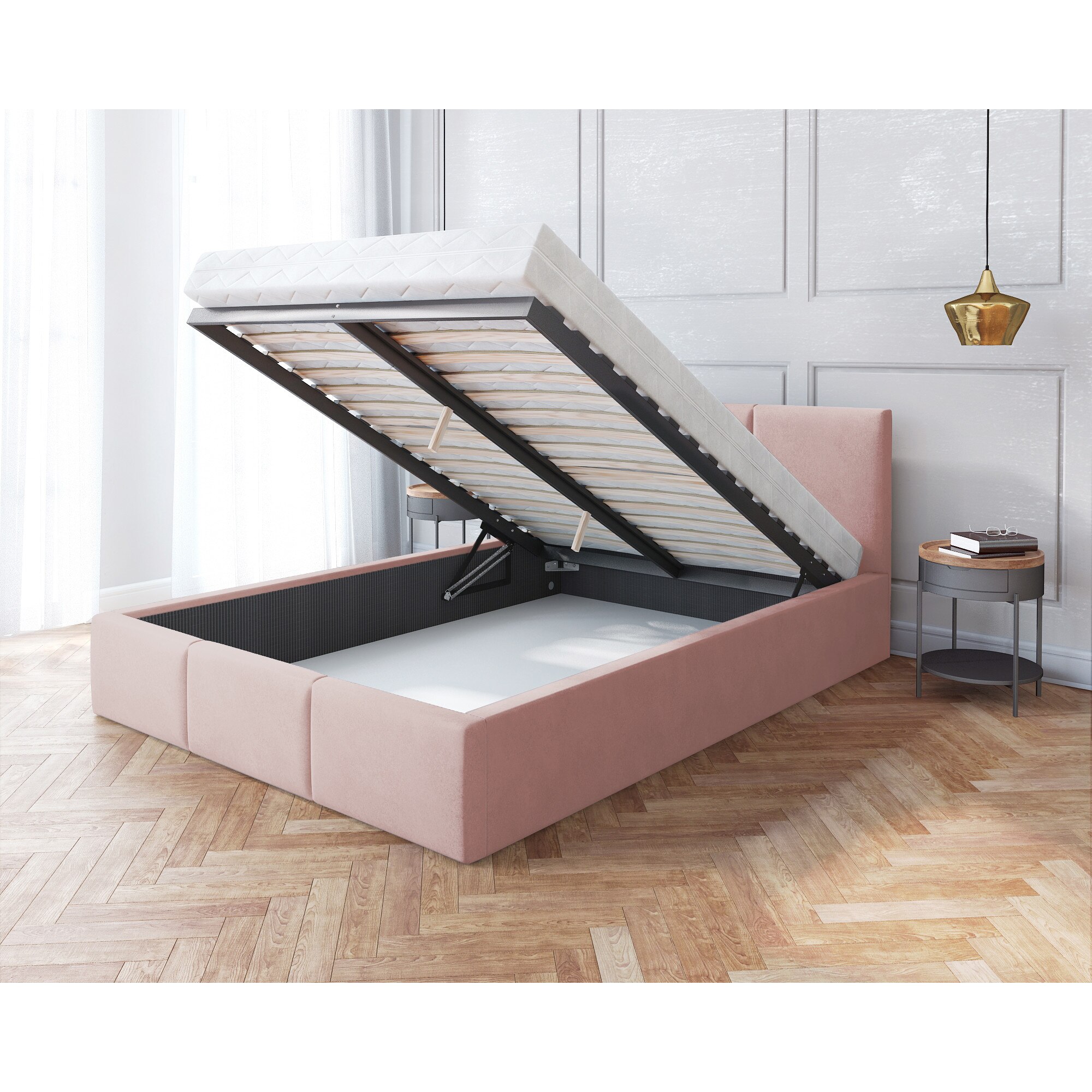 Pat tapitat cu somiera rabatabila, Spijzdrowo, AMBER, 140x200 cm, roz ...