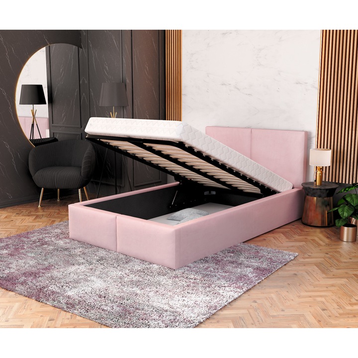 Pat tapitat cu somiera rabatabila, Spijzdrowo, AMBER, 120x200 cm, roz ...