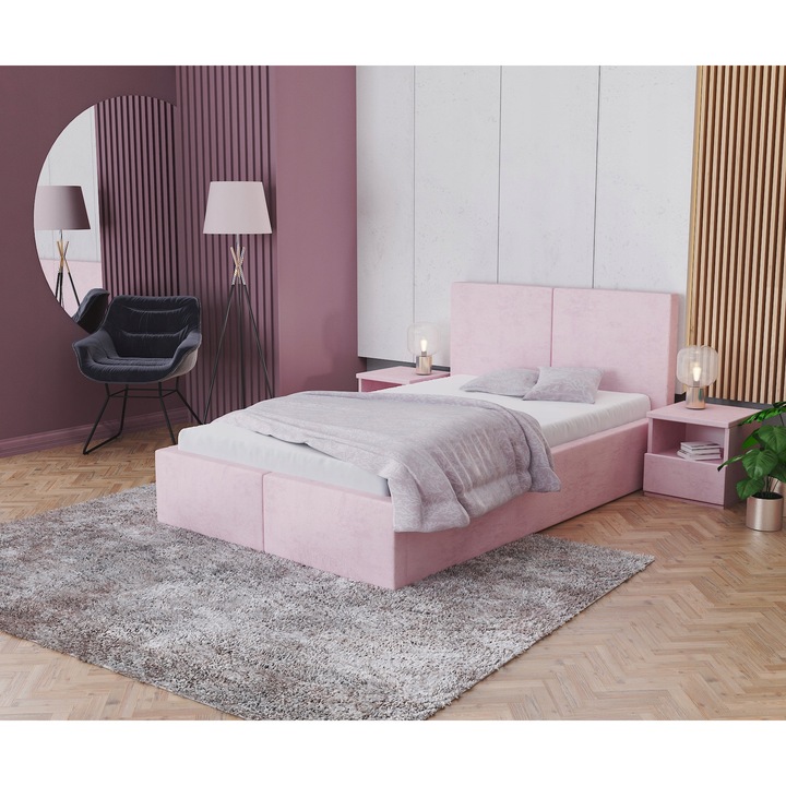Pat tapitat cu somiera rabatabila, Spijzdrowo, AMBER, 120x200 cm, roz ...