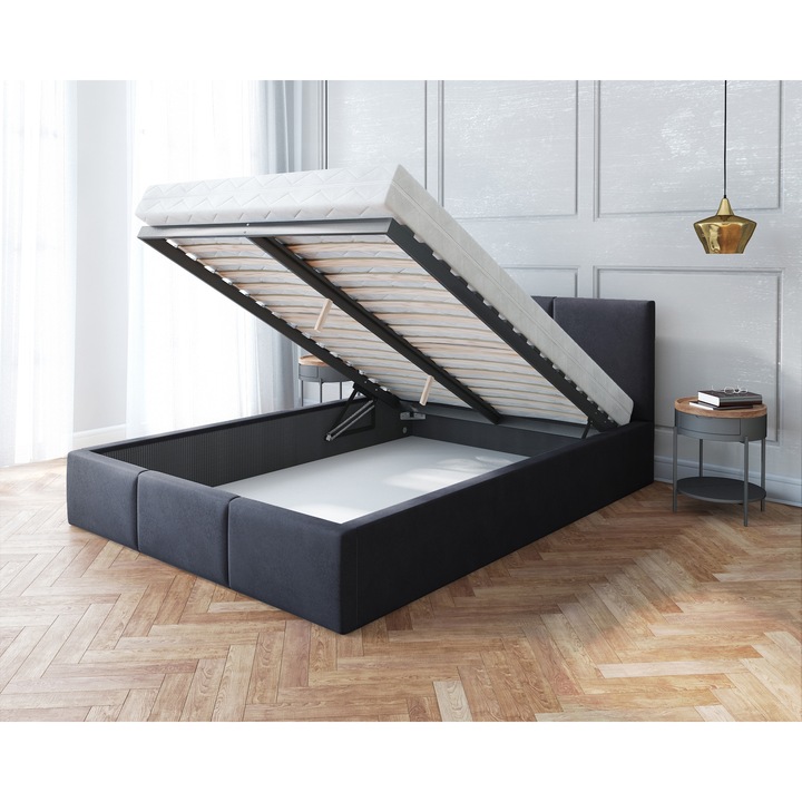 Pat tapitat cu somiera rabatabila, Spijzdrowo, AMBER, 140x200 cm, negru ...