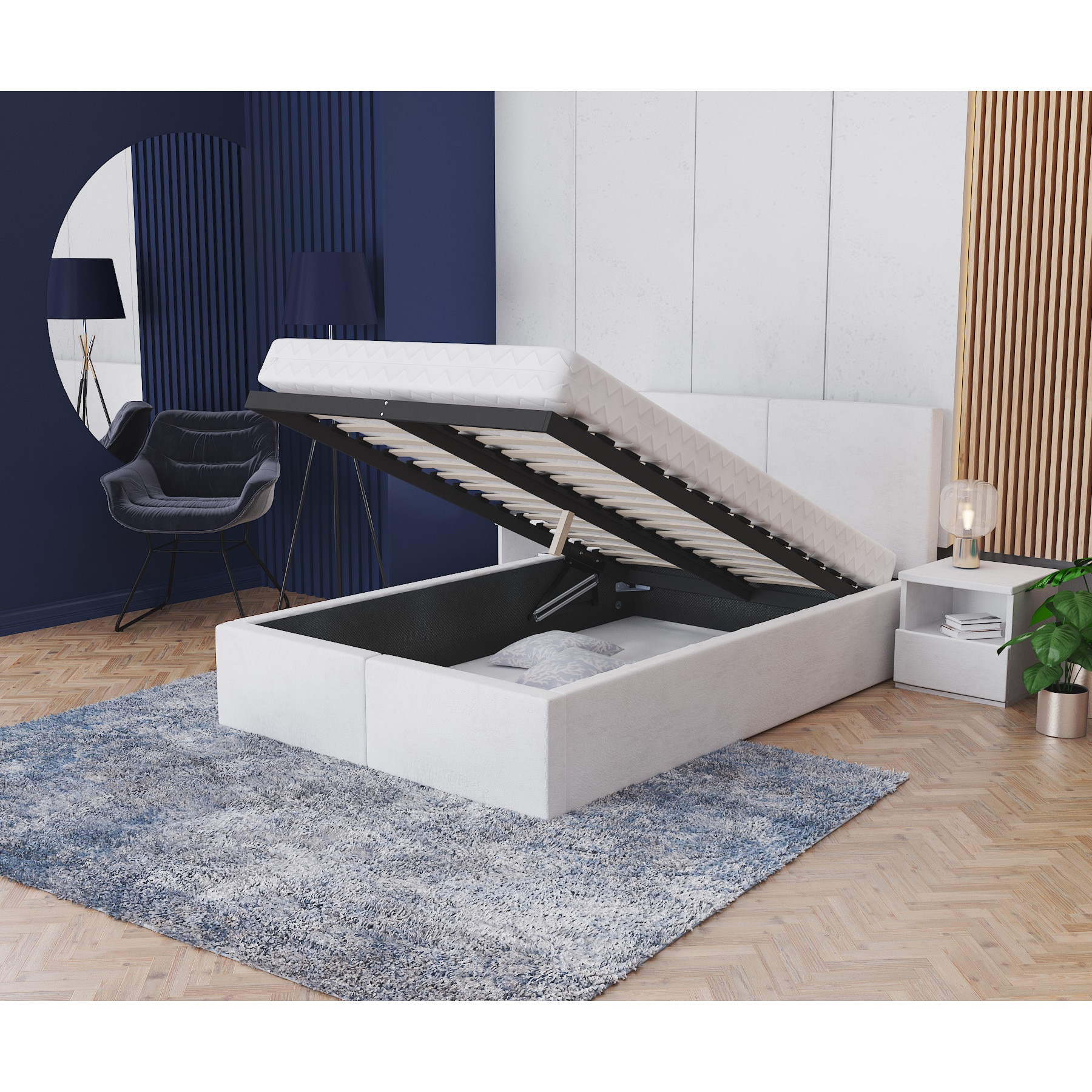 Pat tapitat cu somiera rabatabila, Spijzdrowo, AMBER, 120x200 cm, Alb ...