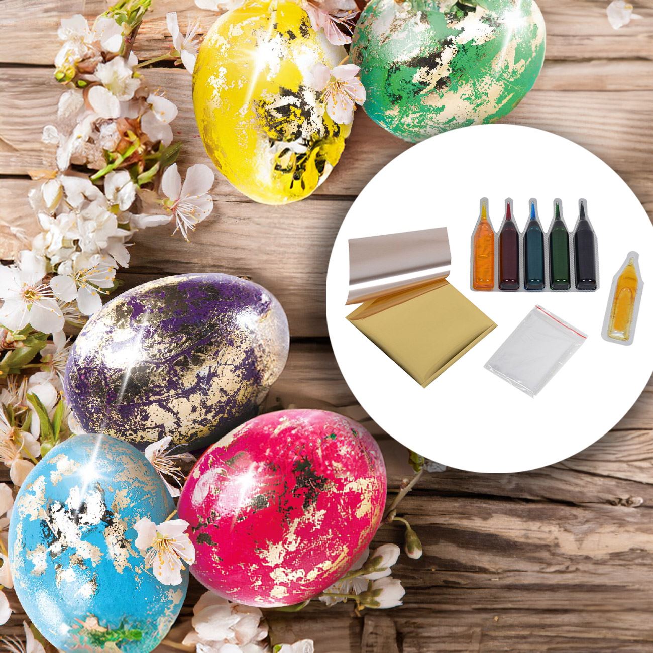 Set de vopsit oua de Paste Shopiens®, cu 5 culori si 4 foi pentru efect ...