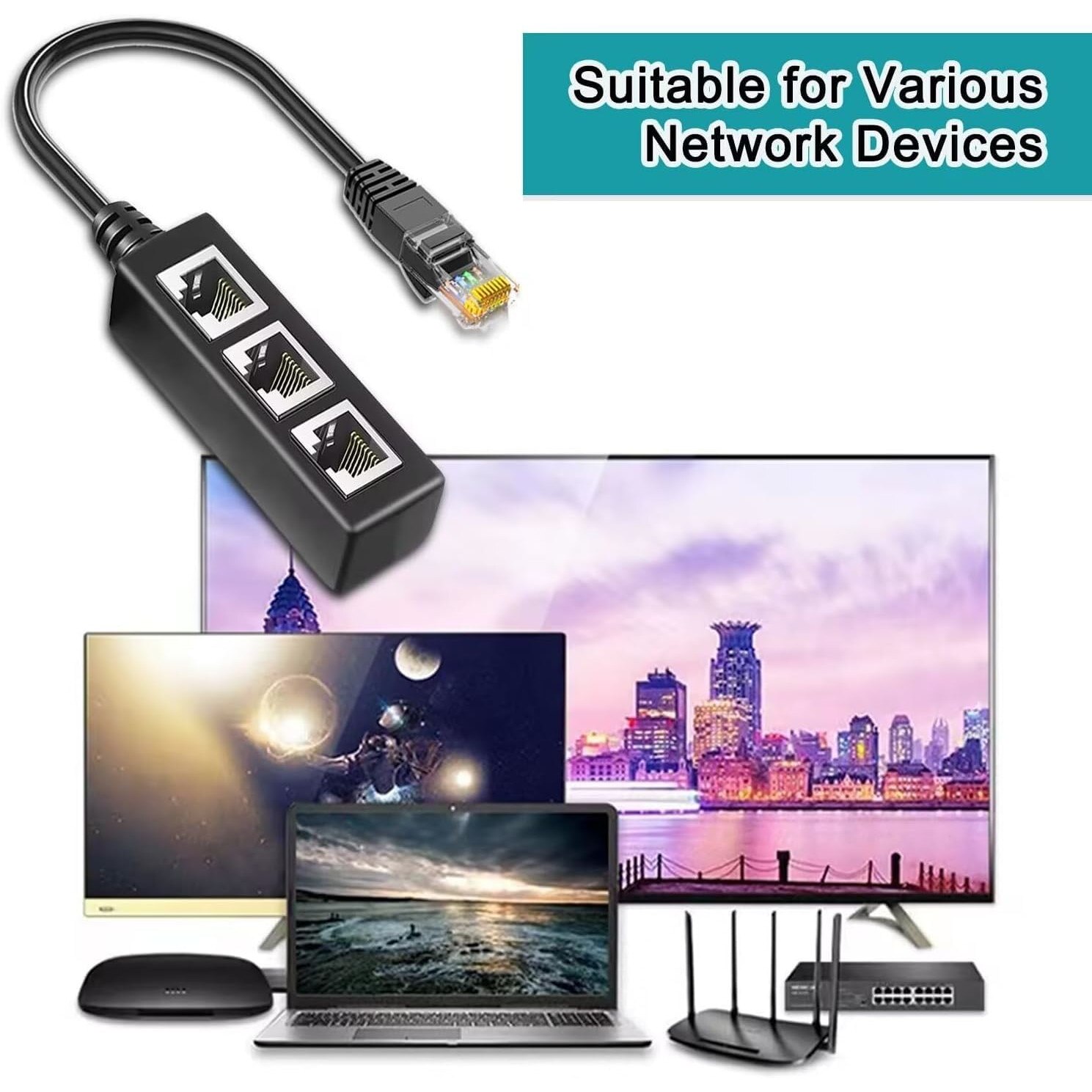 Cablu splitter Ethernet, JENUOS®, 3in1, RJ45, Cat 5/Cat 6, Negru - eMAG.ro