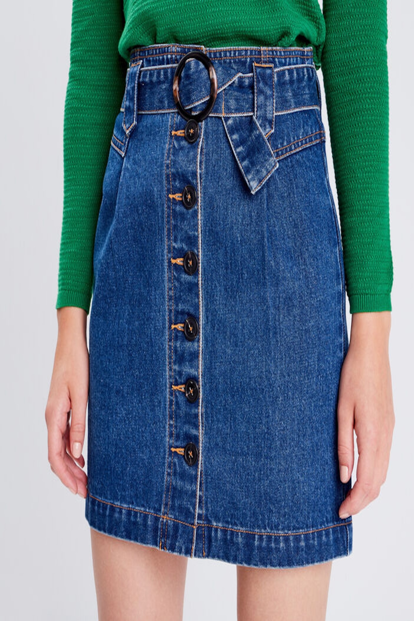 Fusta scurta din denim cu nasturi si cordon, Albastru, 36 - eMAG.ro