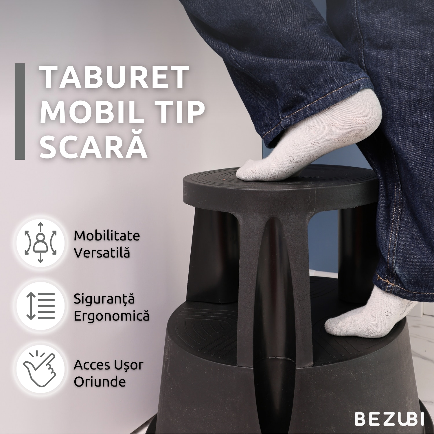 Taburet inaltator Bezubi Practic, tip scaun mobil cu role autoblocante ...