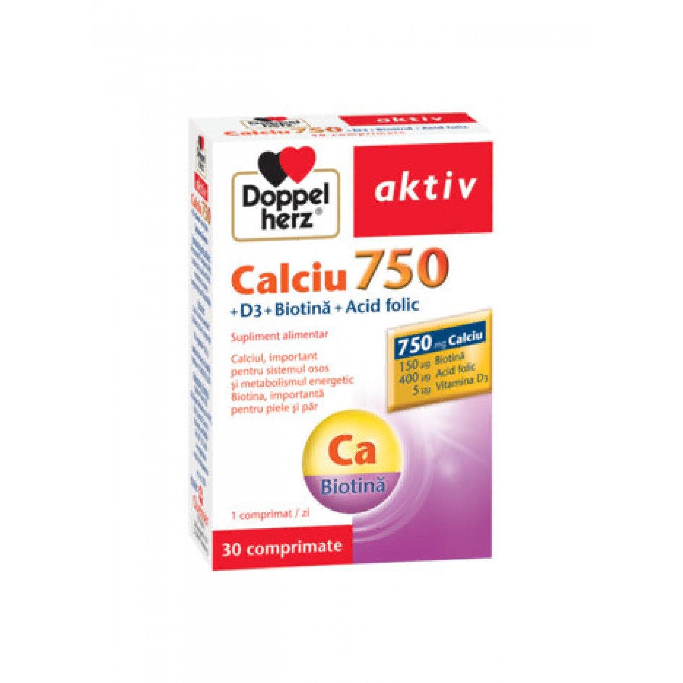 Calciu 750 Vitamina D3 Biotina Acid Folic, 30 comprimate, Doppelherz ...