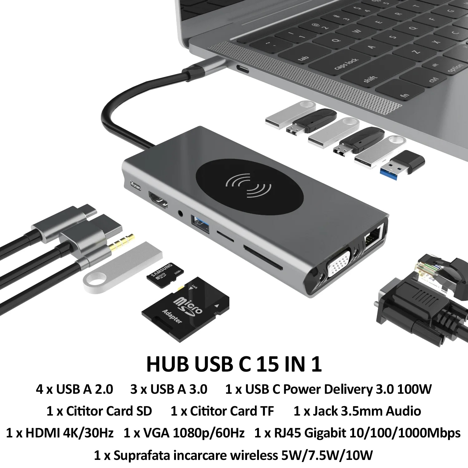 Hub USB-C 15 in 1 multifunctional, NEXTLY, adaptor multiport, incarcare ...